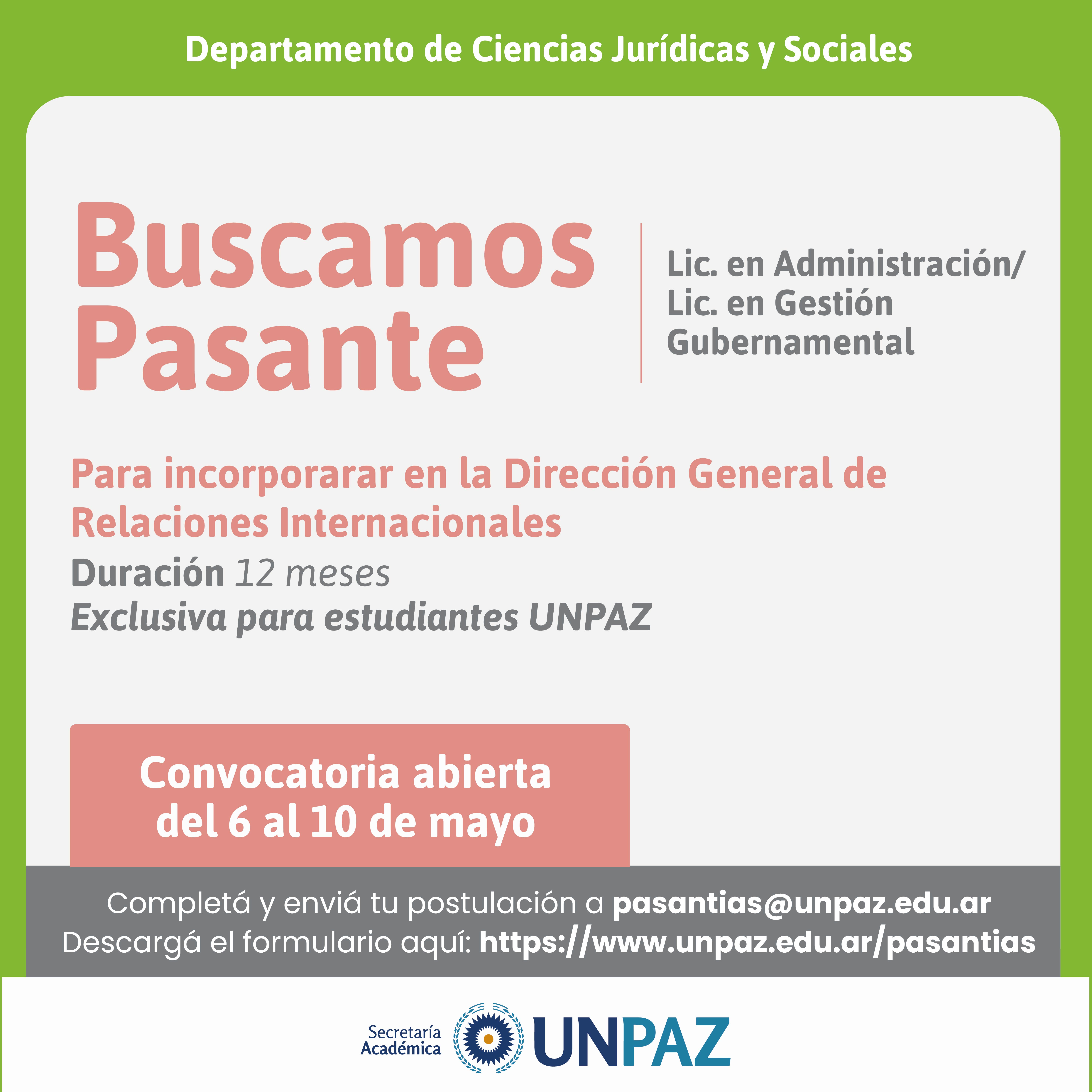 CONVOCATORIA ABIERTA A PASANTÍA EN LA DIRECCIÓN GENERAL DE RELACIONES INTERNACIONALES ...